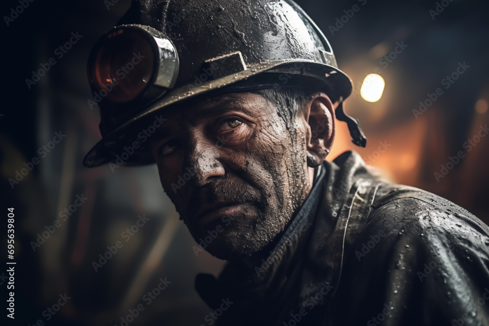 Miner in underground mine on coal mining work. Coal mining in mine ...