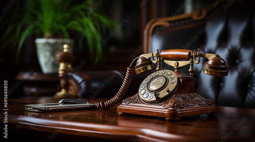 A 1920s-era telephone in a noble family's living room, exuding a sense ...