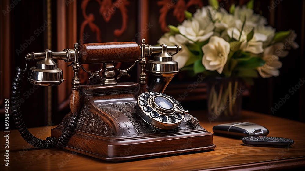 A 1920s-era telephone in a noble family's living room, exuding a sense ...
