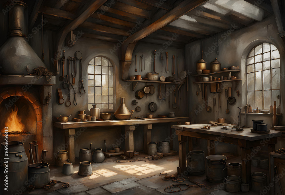 Painting of an old-fashioned blacksmiths workshop depicting a rustic ...