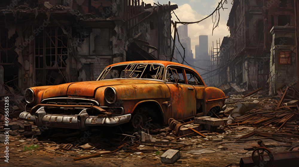 A decrepit, rust-covered vehicle rests in the midst of a desolate ...