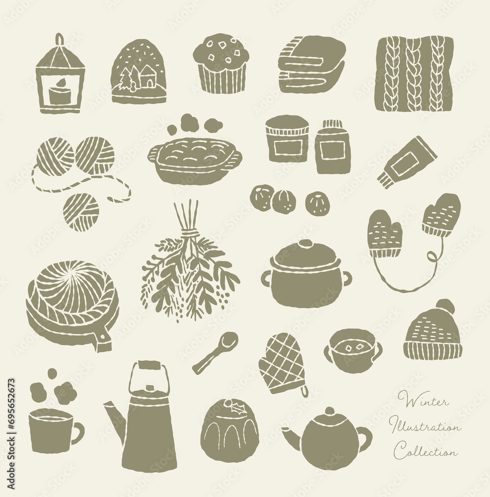 手描き風冬のイラストセットHand drawn style winter illustration set Stock Vector | Adobe Stock