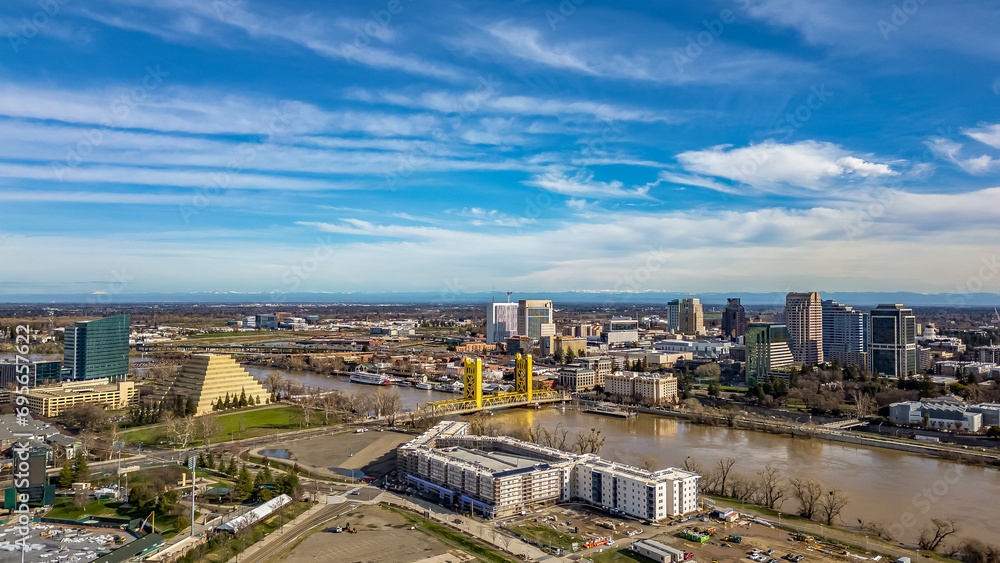 An aerial image of the Tower Bridge and State Capitol Building in ...