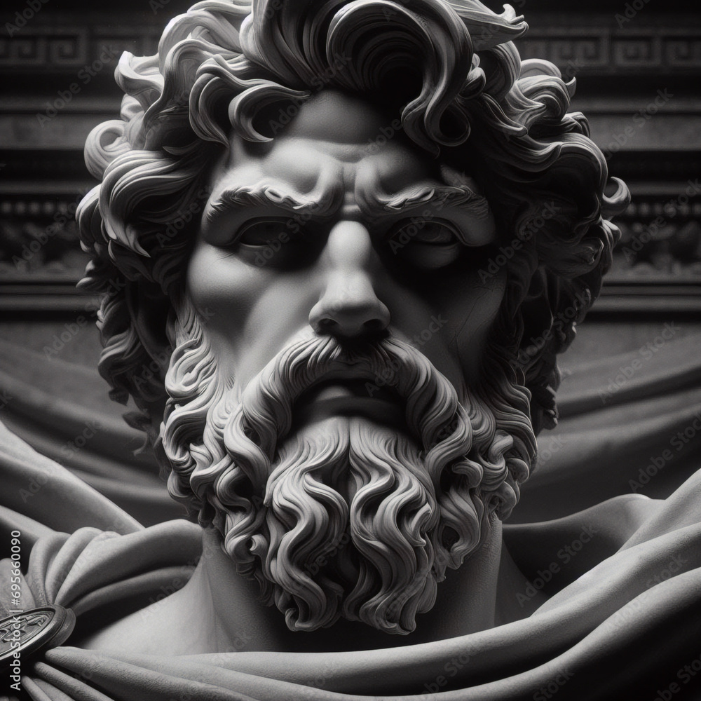 Image of a white marble statue bust of a roman soldier or the demigod hero Hercules. According ...