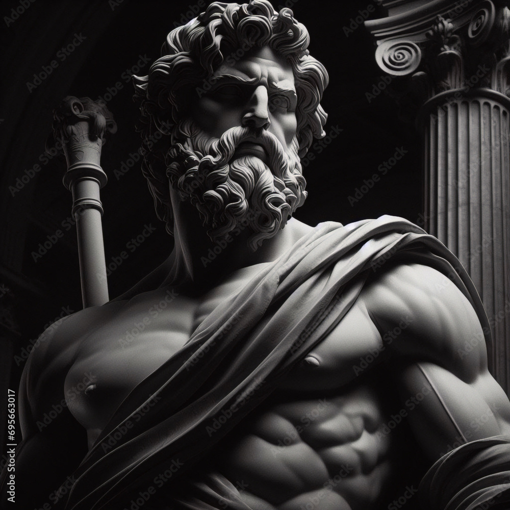 3D illustration of a Renaissance marble statue of Zeus, king of the ...