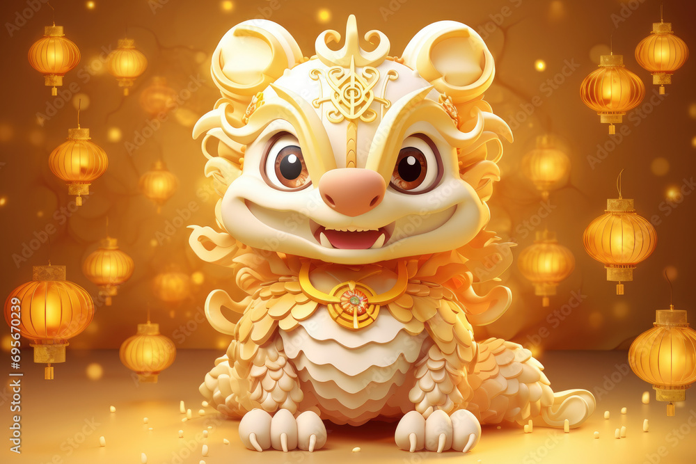 cute 3d cartoon crystal golden Chinese dragon with lanterns and fans ...