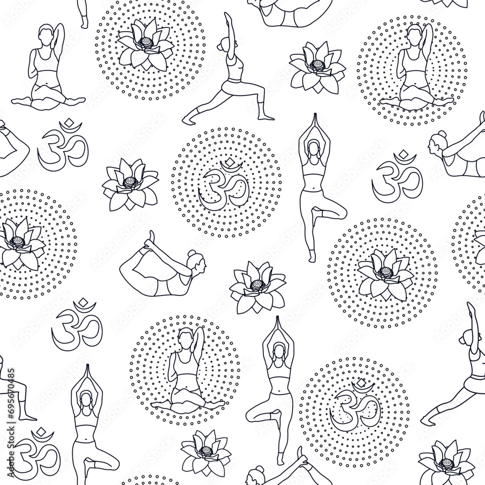 Yoga poses have a seamless pattern background with women in yoga poses ...