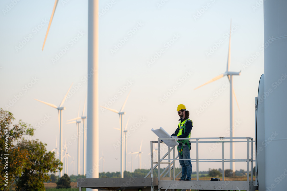 Engineer at natural energy wind turbine site with a mission to climb up ...