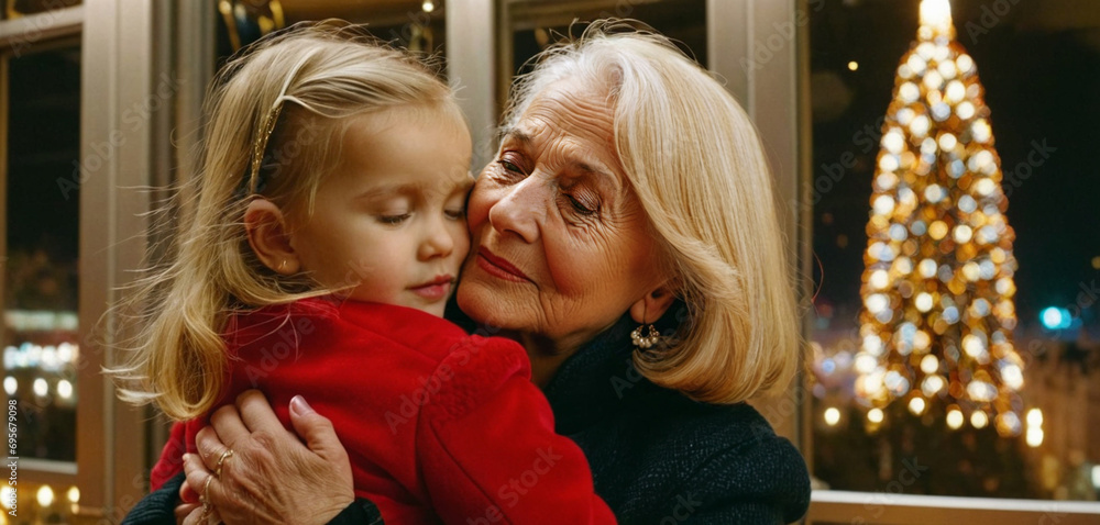 an old woman grandma hugs the granddaughter, grandchild, toddler child ...
