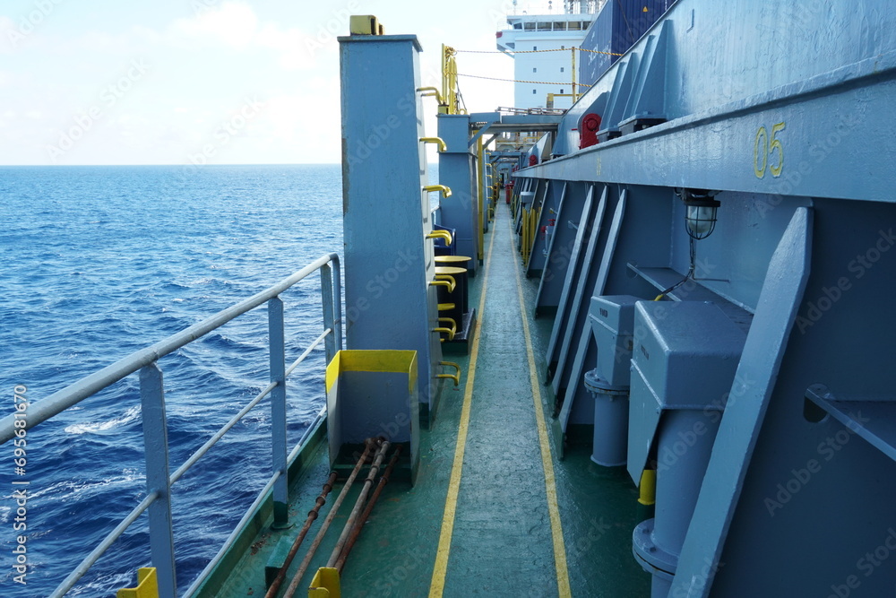 Main deck of container vessel painted green viewed from forward part of ...