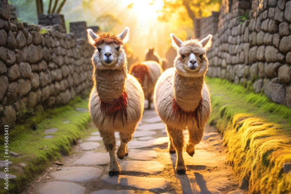 Andean Llamas in Machu Picchu: Llamas peacefully grazing amidst the ...