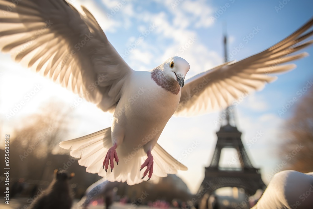 Wings Over Paris: Pigeons Soar Near the Iconic Paris sky, France - A ...