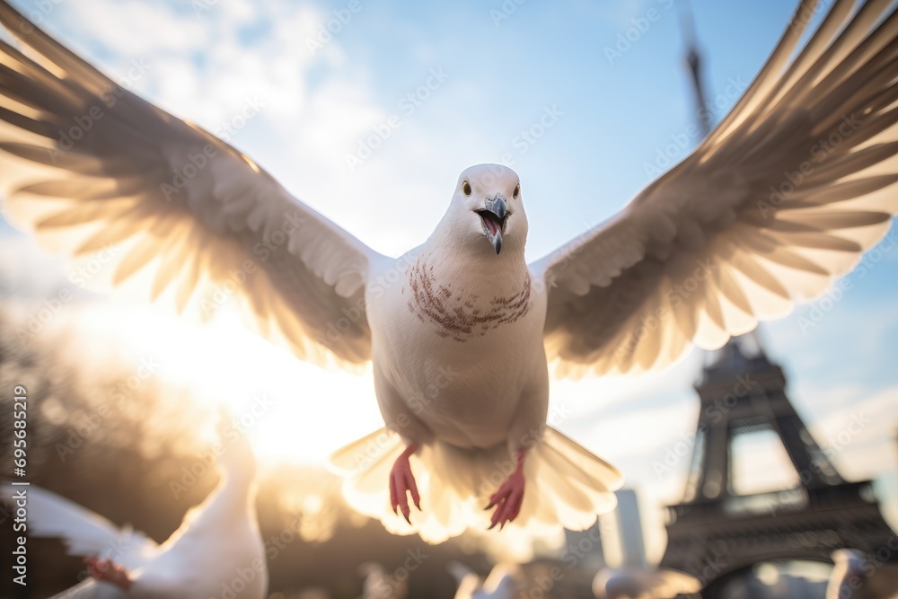 Wings Over Paris: Pigeons Soar Near the Iconic Paris sky, France - A ...