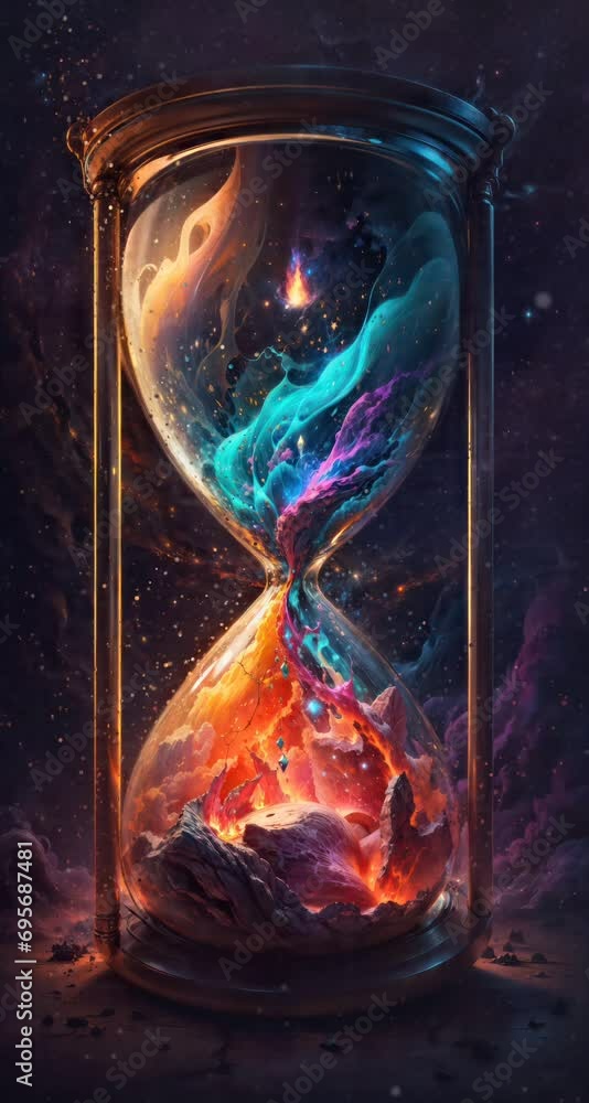 Vidéo Stock A vibrant hourglass sits tilted on its side, a cascade of ...