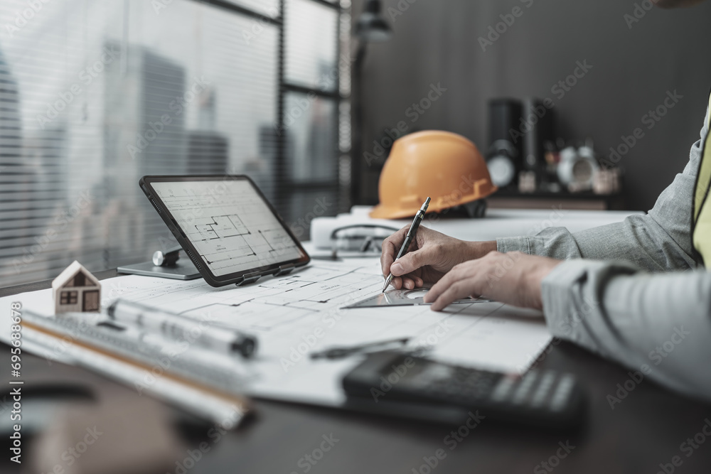 Architect engineer use pen and Scalene triangles drawing design working ...