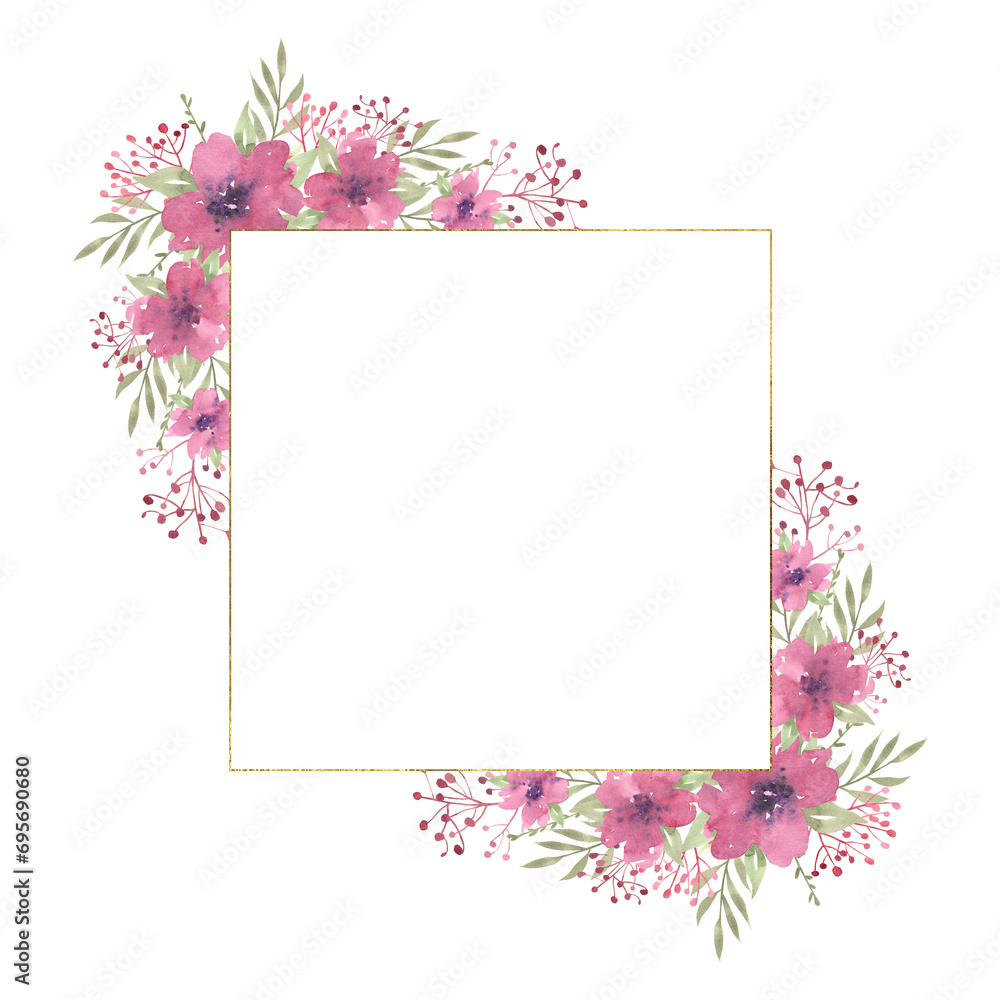 Watercolor floral square frame with compositions of pink flowers and ...