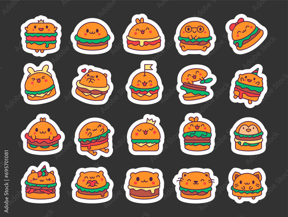 Cute kawaii animal burger. Sticker Bookmark. Funny food. Cartoon ...