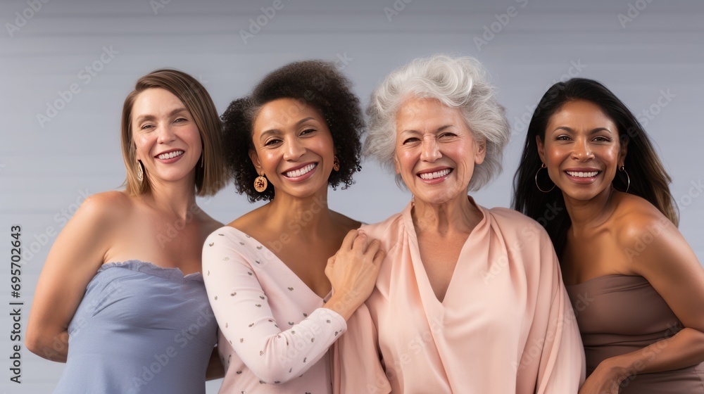 Cheerful women of different body types and ages standing together Stock ...