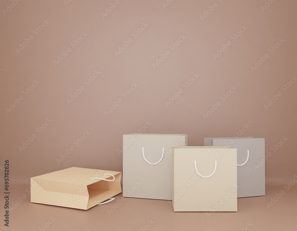 On a beige background, beige shopping bags are standing or lying down ...