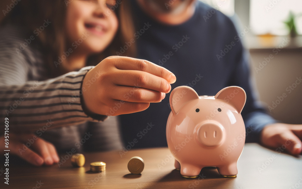 Cute indian little girl putting coin in the piggy bank. Stock Photo ...