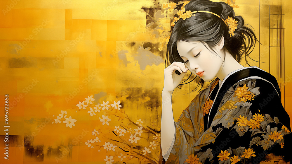 Beautiful portrait of a Japanese woman on a red and gold background ...