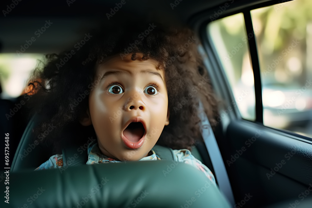 Screaming, scared African American girl in a car, experiencing emotion ...