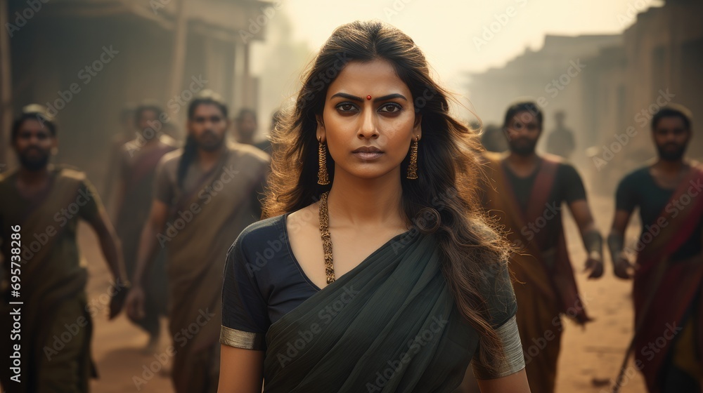 Beautiful dignified urban Indian lady in a saree leading a bandit tribe ...