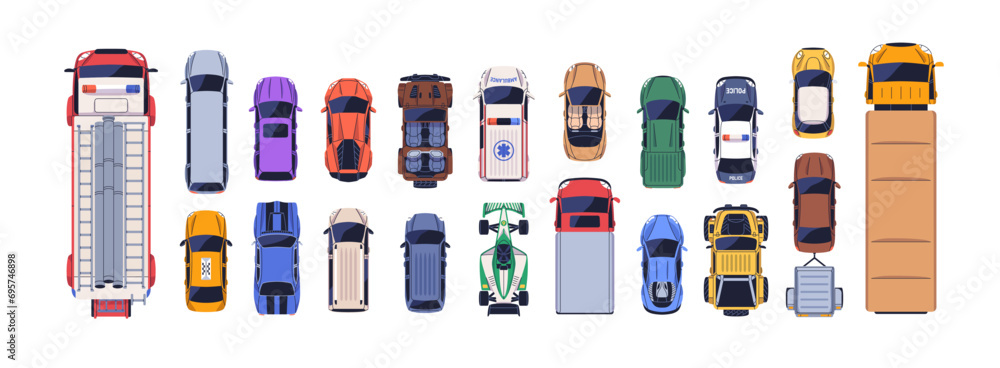 Auto vehicles set, top view. Taxi and SUV car, freight truck, emergency ...