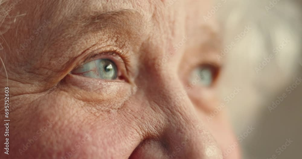 Eyes, thinking and senior woman closeup in a nursing home with memory ...
