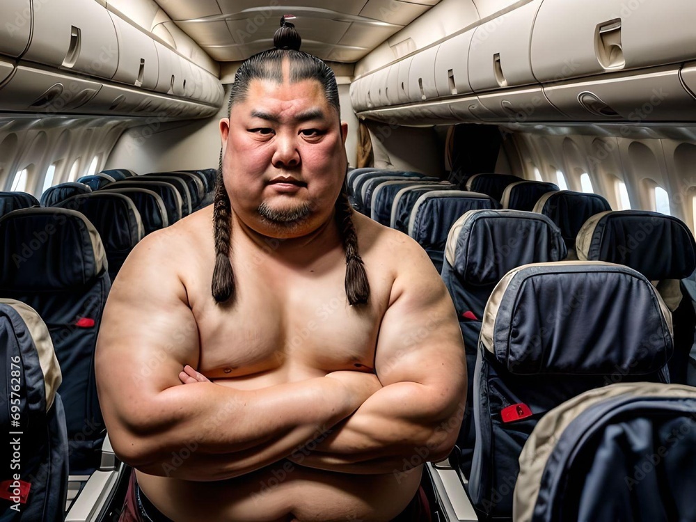 Stylish Shirtless Sumo Wrestler Crossing Arms in An Empty Airplane ...