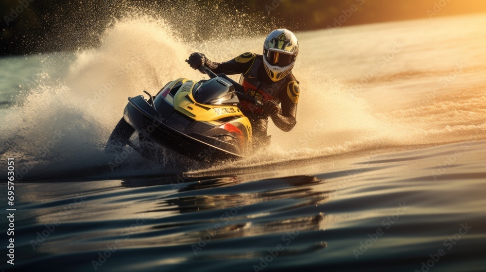 A man is seen riding a jet ski on top of a body of water. This image ...