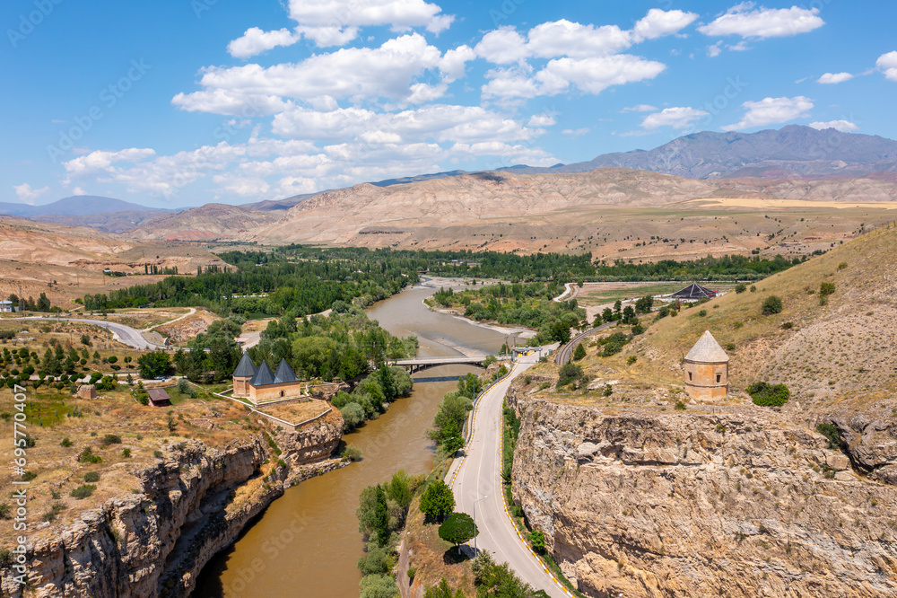 Kemah district city entrance. View of Sultan Melik Tomb and Karasu ...