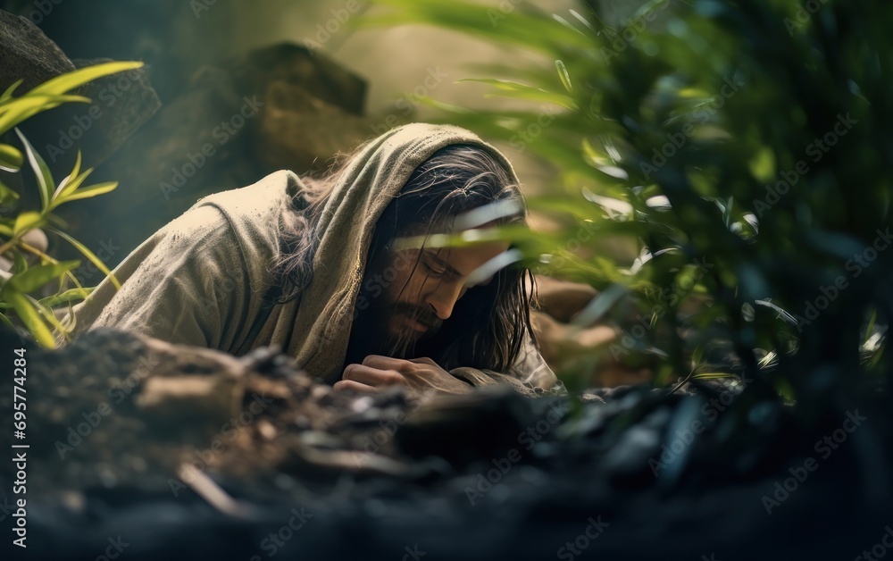 Jesus prays in garden of gethsemane. generative ai Stock Photo | Adobe ...