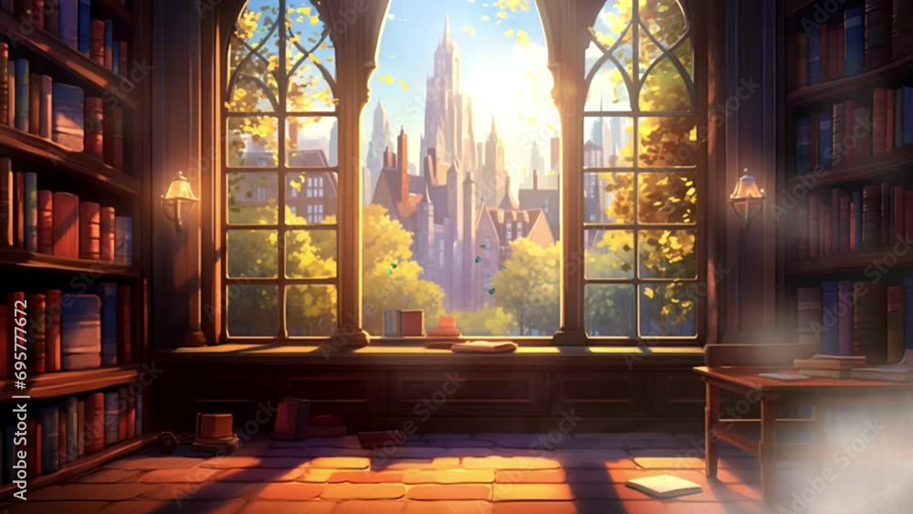 classic library with window view of tall buildings in the city, loop ...