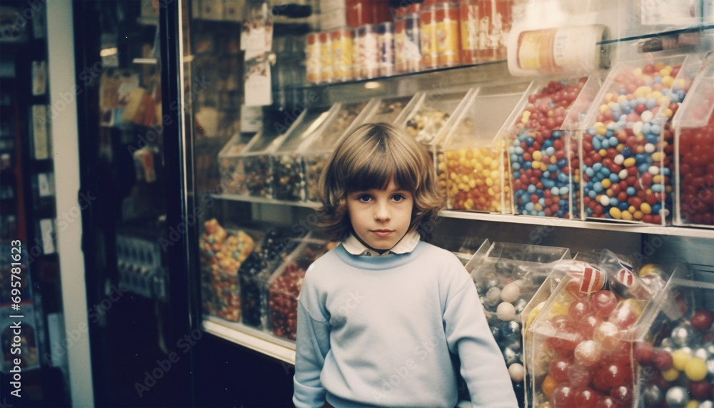 Vintage photo from the 60s,70s with a child in a candy shop. Boy In ...
