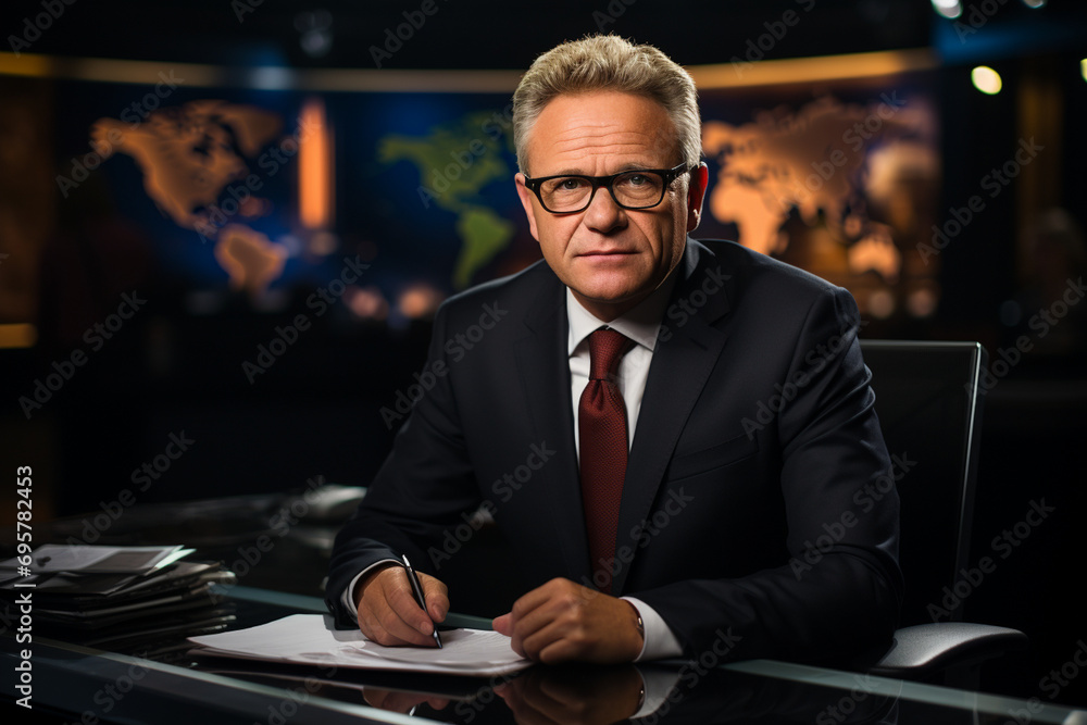 newsreader in a global context, with a world map in the background ...