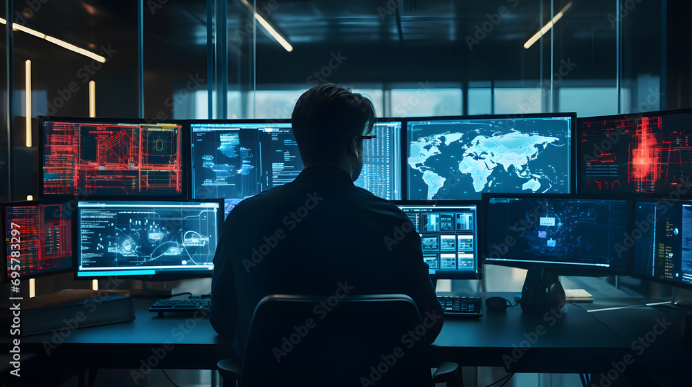 Back View in the System Control Center Operator Working. Multiple ...