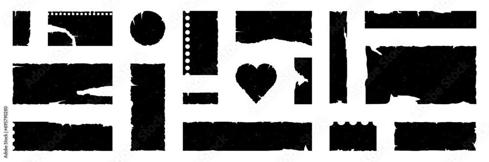 Set of grunge jagged rectangle shape. Black torn paper sheet with dusty ...