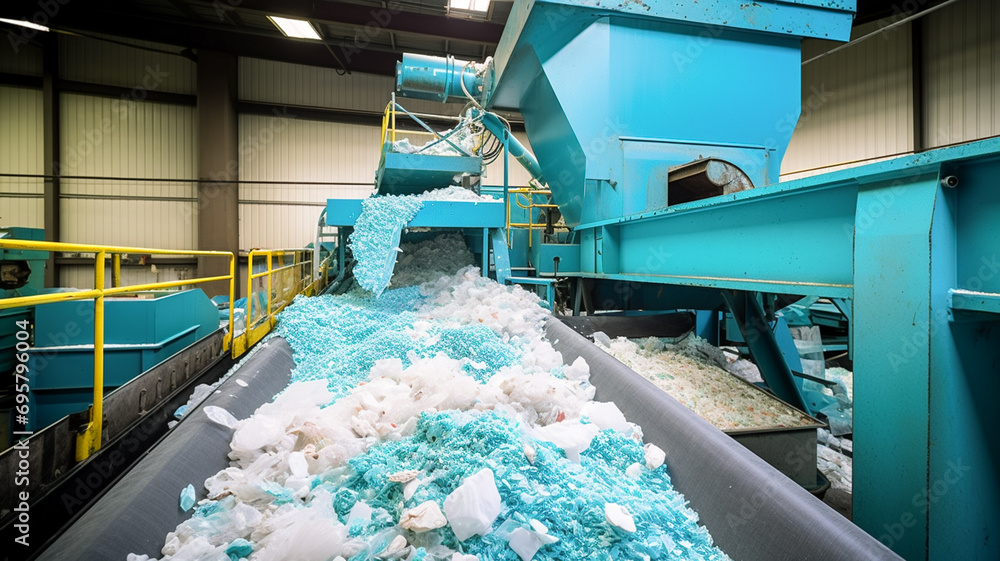 Plastic shredder. Recycling. Close-up of waste shredding process. Stock ...