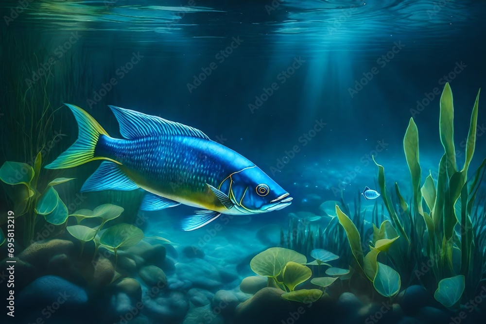Bioluminescent fish navigating a dark riverbed, their radiant glow ...
