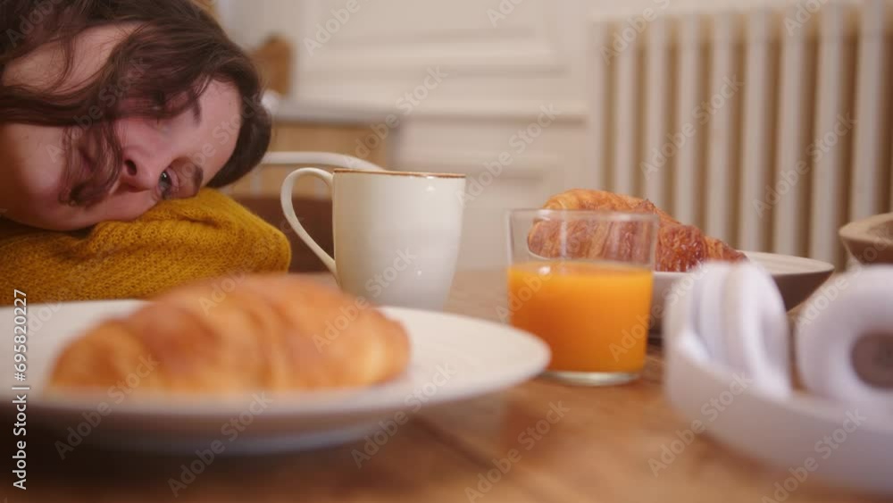 Depressed sad woman lying in bed not eating breakfast, eating disorder ...