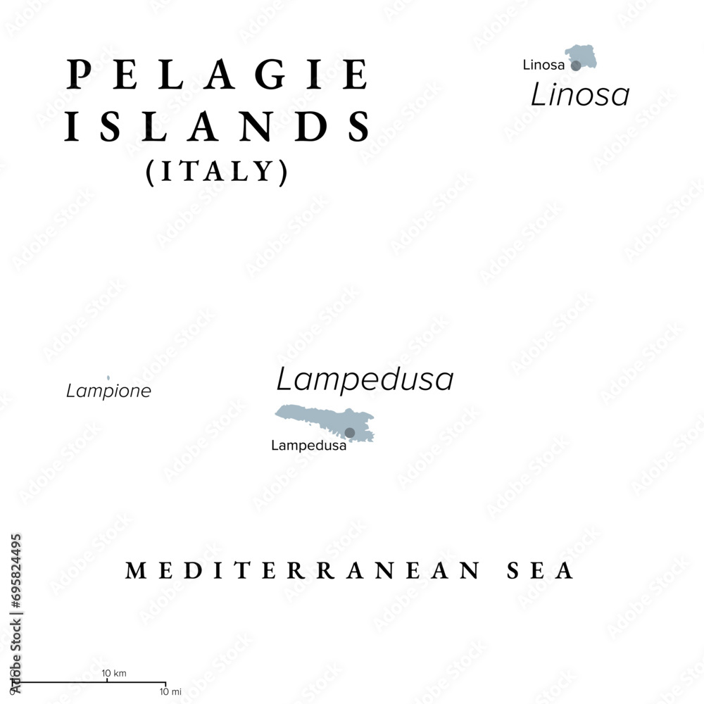 Pelagie Islands with Lampedusa, Linosa and Lampione, gray political map ...