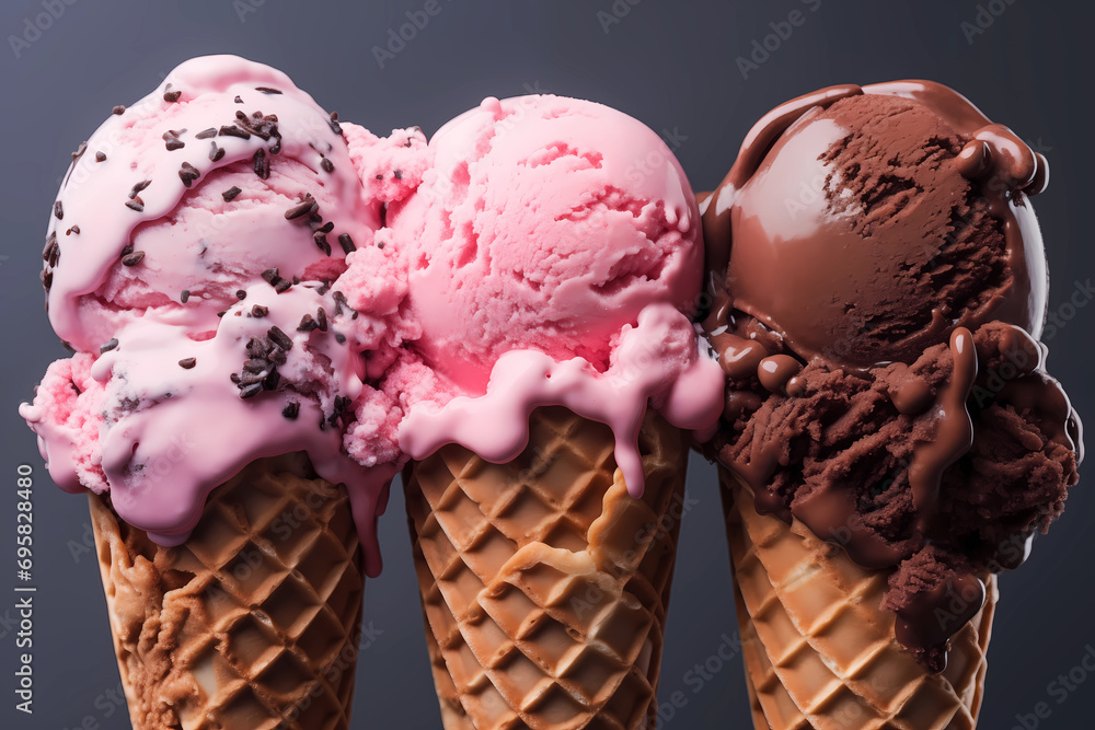 Variety of ice cream cones in many flavours with copy space for ...