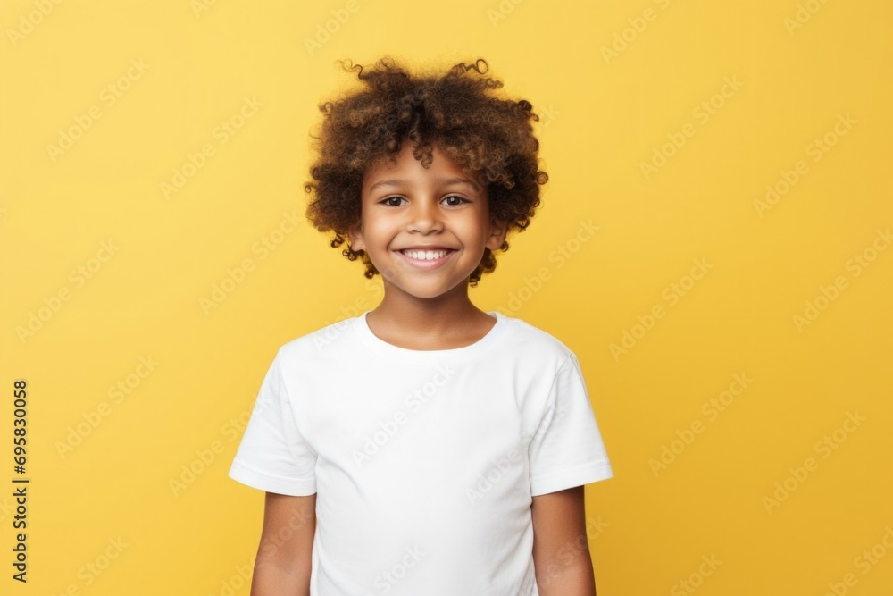 dark-skinned child boy smiles at the camera. child on a yellow ...