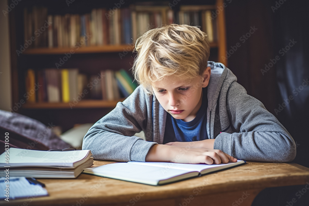Sad tired child doing his homework sitting at table. The boy struggles ...