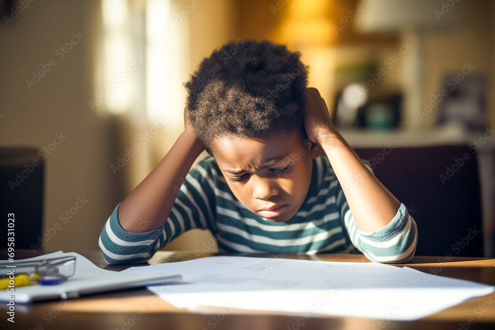 Sad tired child doing his homework sitting. The african american boy ...