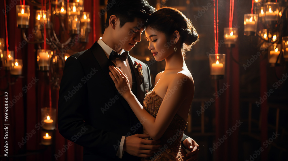 Chinese rich couple dressed in formal attire, men's black suit, woman's ...