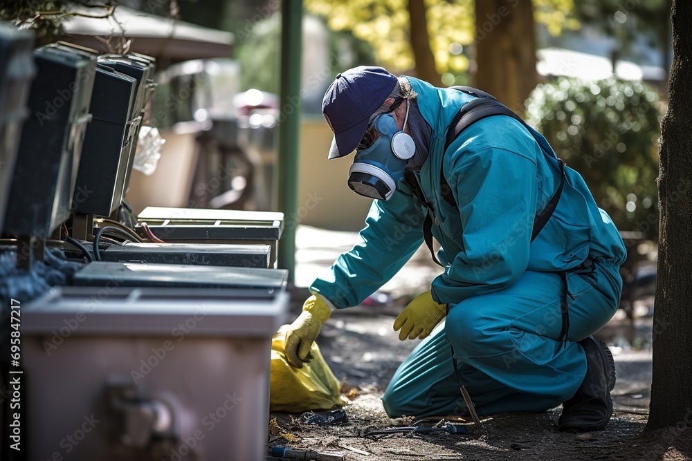 In this realistic photo, a skilled sanitation technician is captured in ...