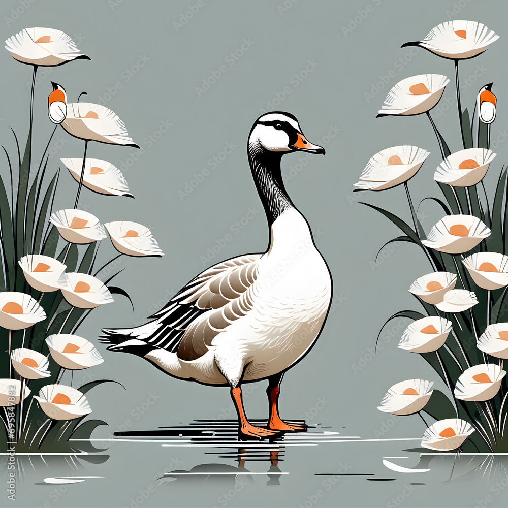 full body vector graphics line drawings about a goose with a beautiful ...
