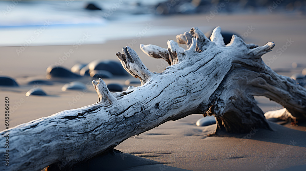 log shaped like a crocodile, Driftwood on the Beach, Generative AI ...